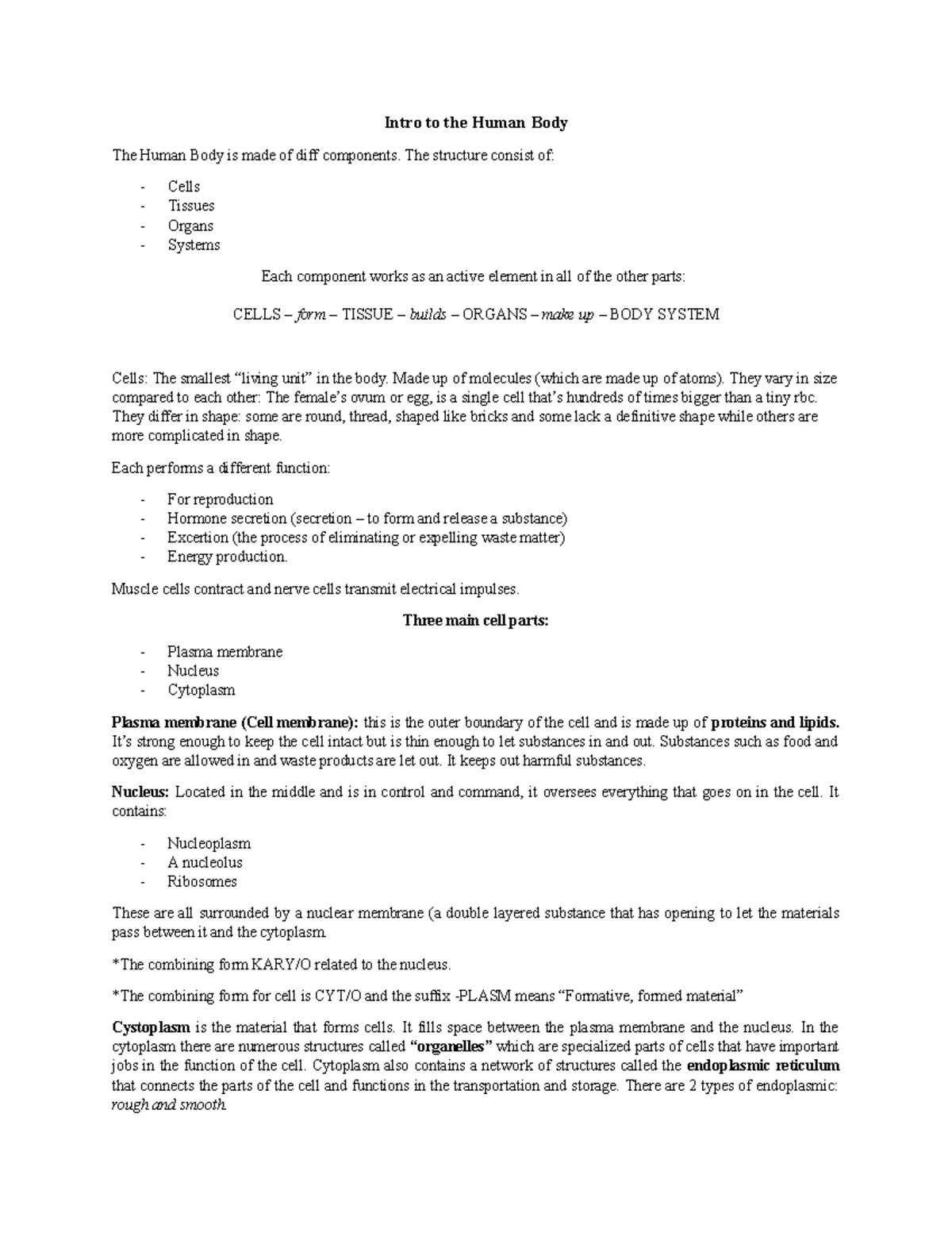Intro to Human Body - This note is on the Unit 2 of Medical Billing and ...
