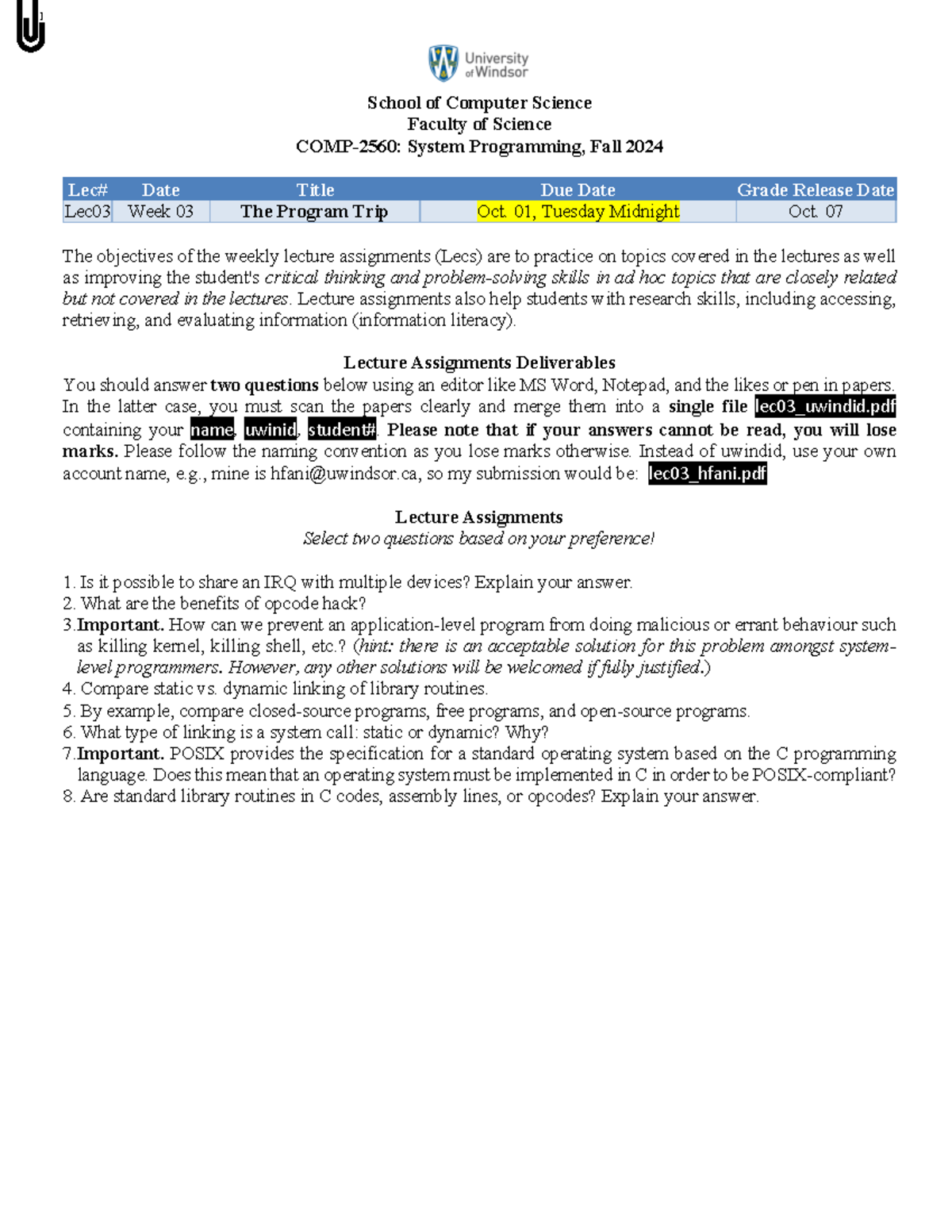 Lec03 Manual - lecture assignment - 1 School of Computer Science ...