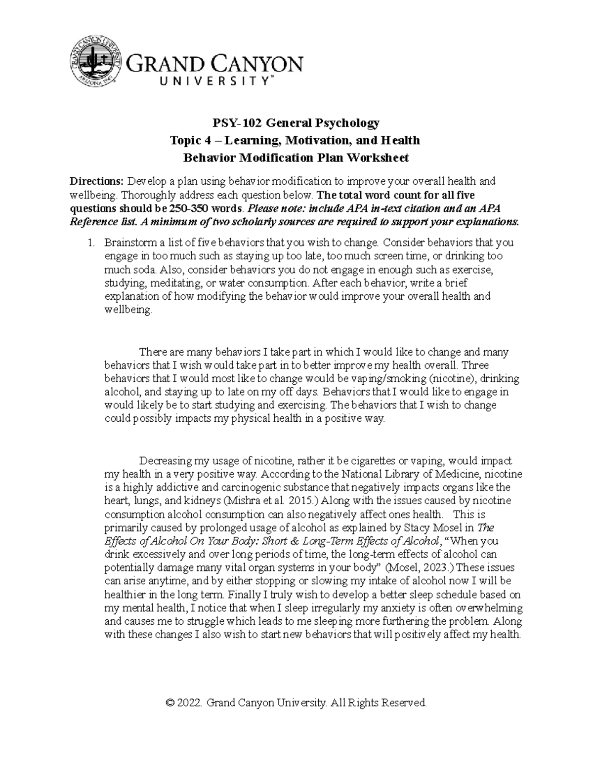 PSY 102 RS T4 Behavior Modification Plan - PSY-102 General Psychology ...