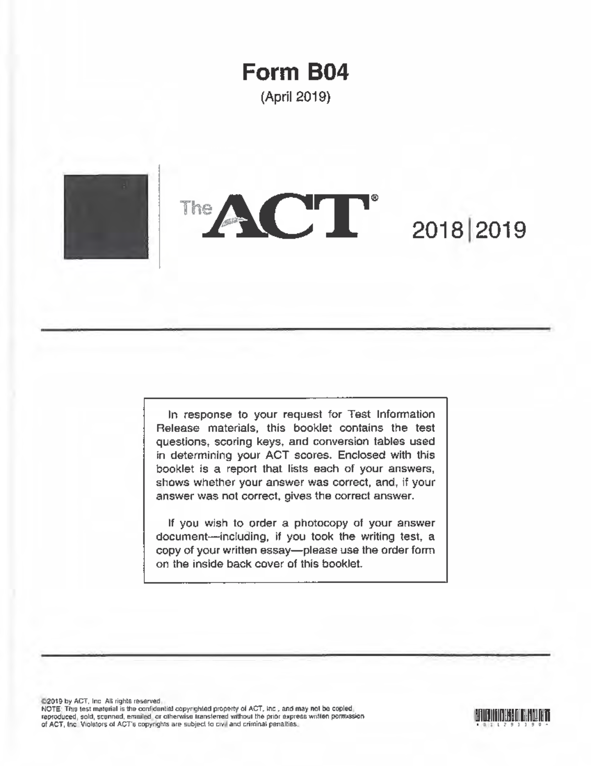 ACT April 2019 Form B04 - ACT Practice Test - PSYC 1101 - Studocu
