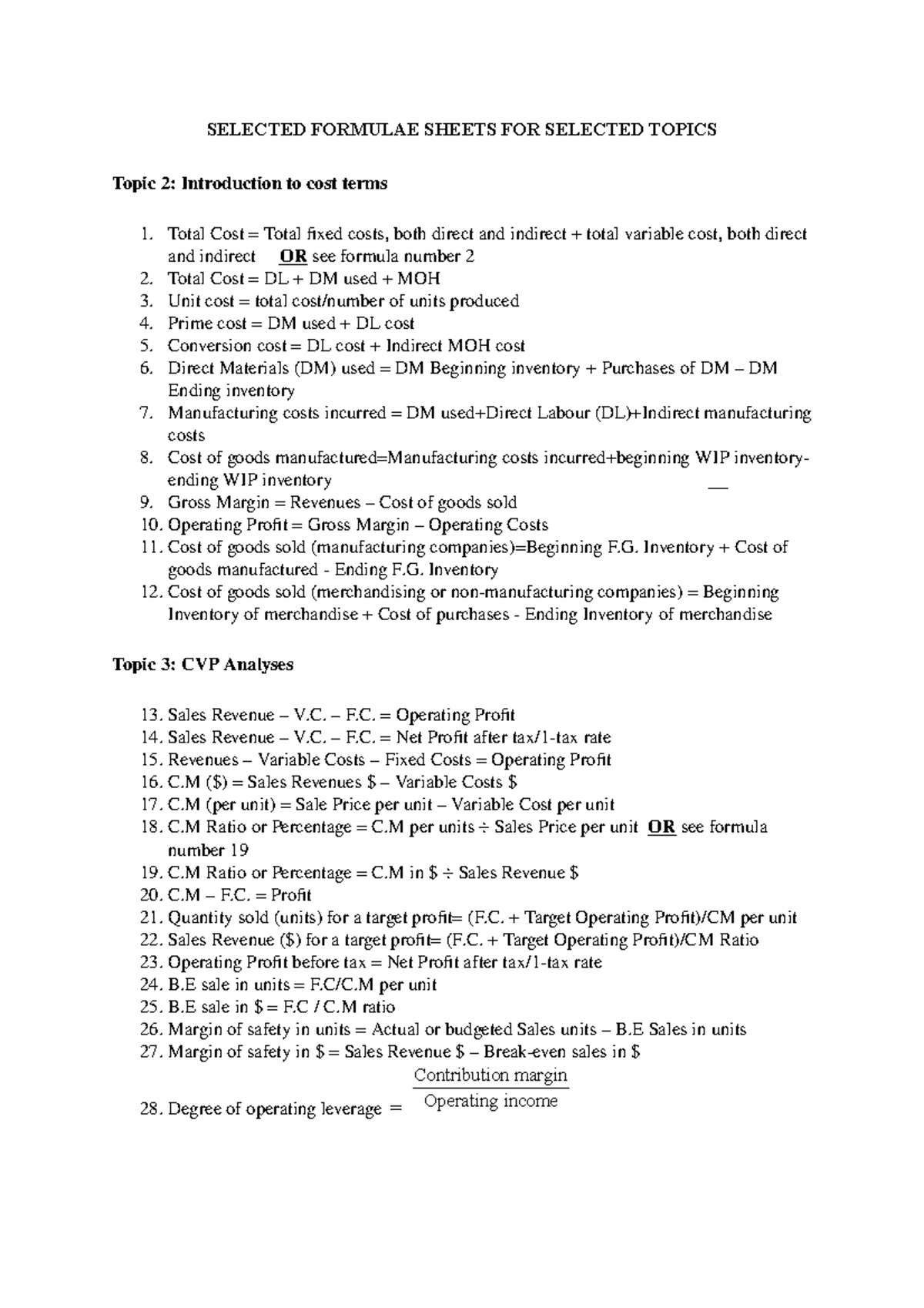 AFM 112 Selected Formulae Sheet - Latest - SELECTED FORMULAE SHEETS FOR ...