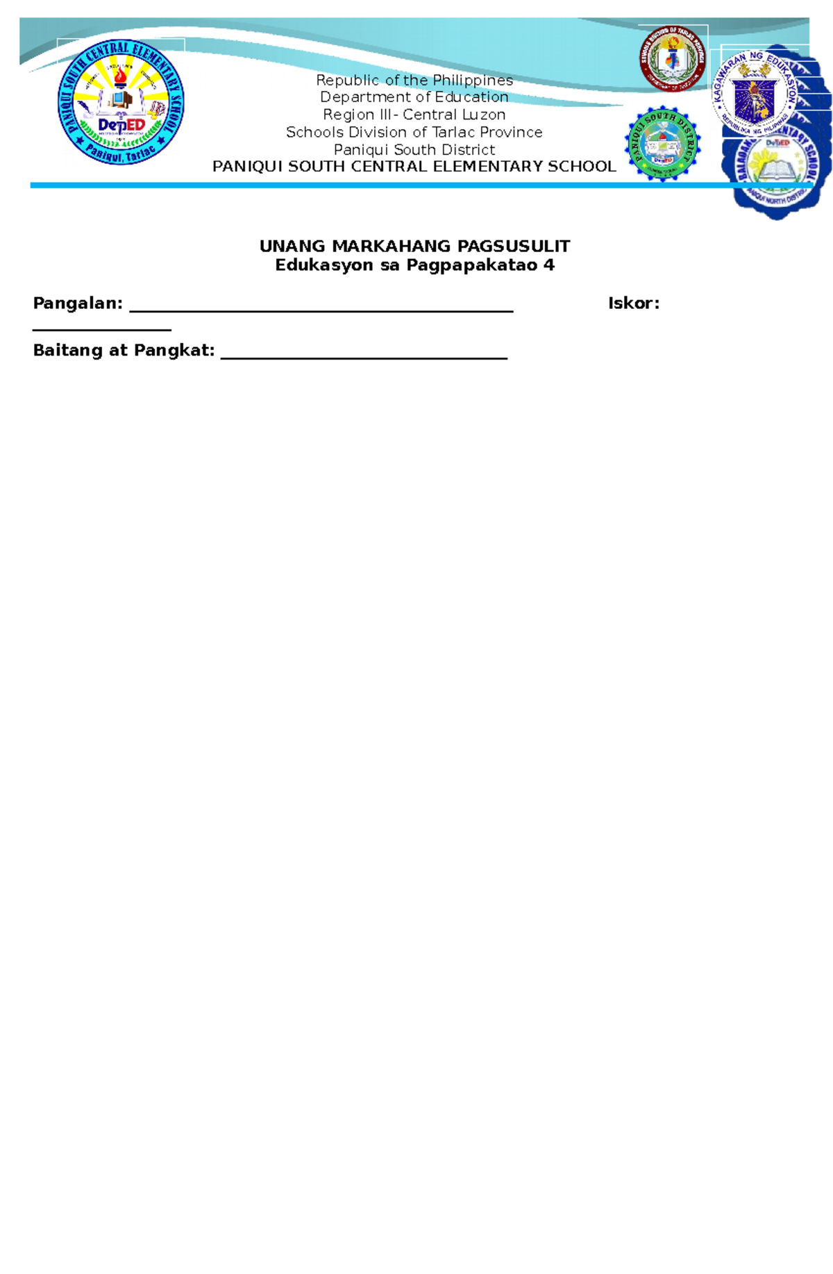 PT Q1 ESP4 - test paper - Republic of the Philippines Department of ...