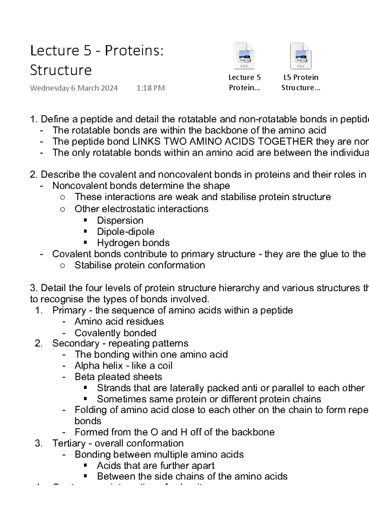 Lecture 5 - Proteins Structure - Define a peptide and detail the ...