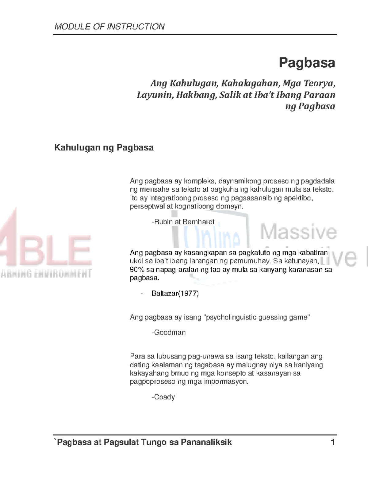 Module OF Instructionpagbasa at Pagsulat - MODULE OF INSTRUCTION ...