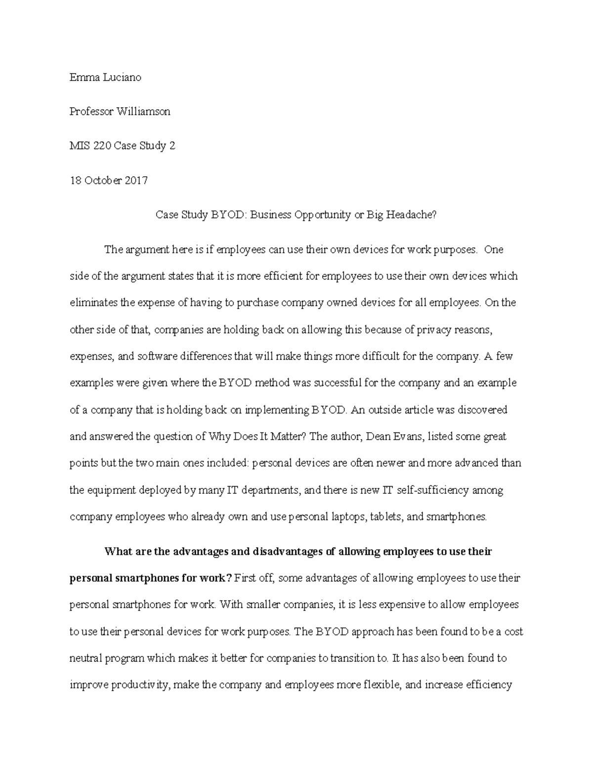 Case-study-2 - N/A - Emma Luciano Professor Williamson MIS 220 Case ...