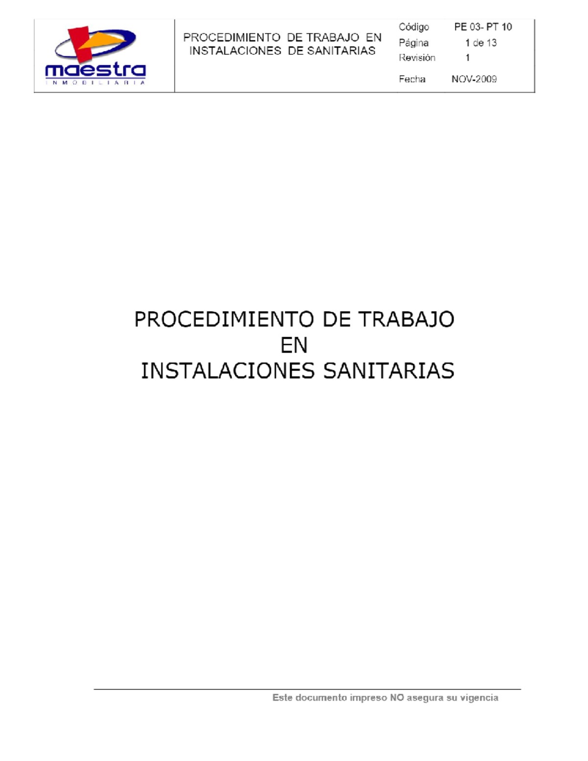 Procedimiento DE Trabajo EN Instalaciones Sanitarias - PDF Descargar libre - Prevención de ...