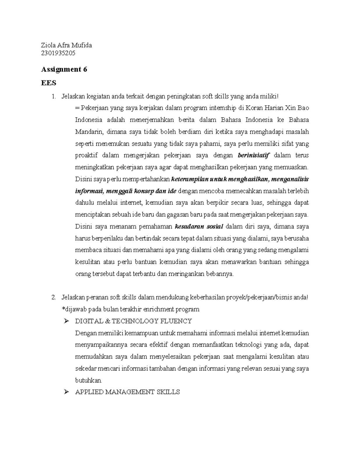 ASG Bulan 6 - EES - Enrichment 3+1 Internship Track Assignment - Ziola Afra Mufida 2301935205 ...