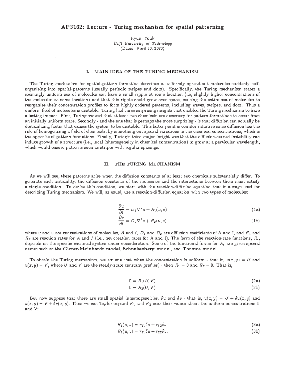 Lecture 9 notes - Turing mechanism - AP3162: Lecture - Turing mechanism ...