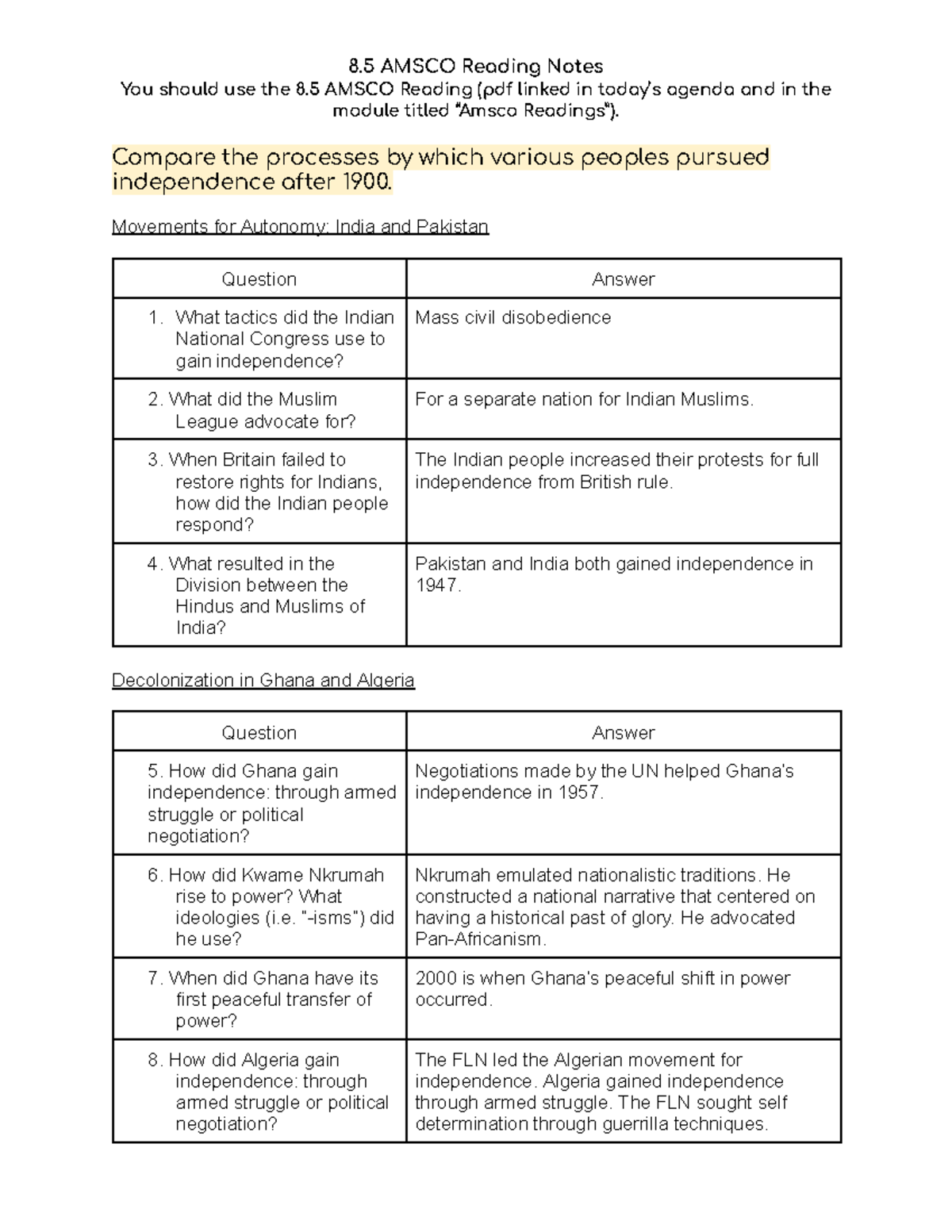 8.5 Reading Notes - AMSCO - 8 AMSCO Reading Notes You should use the 8 ...
