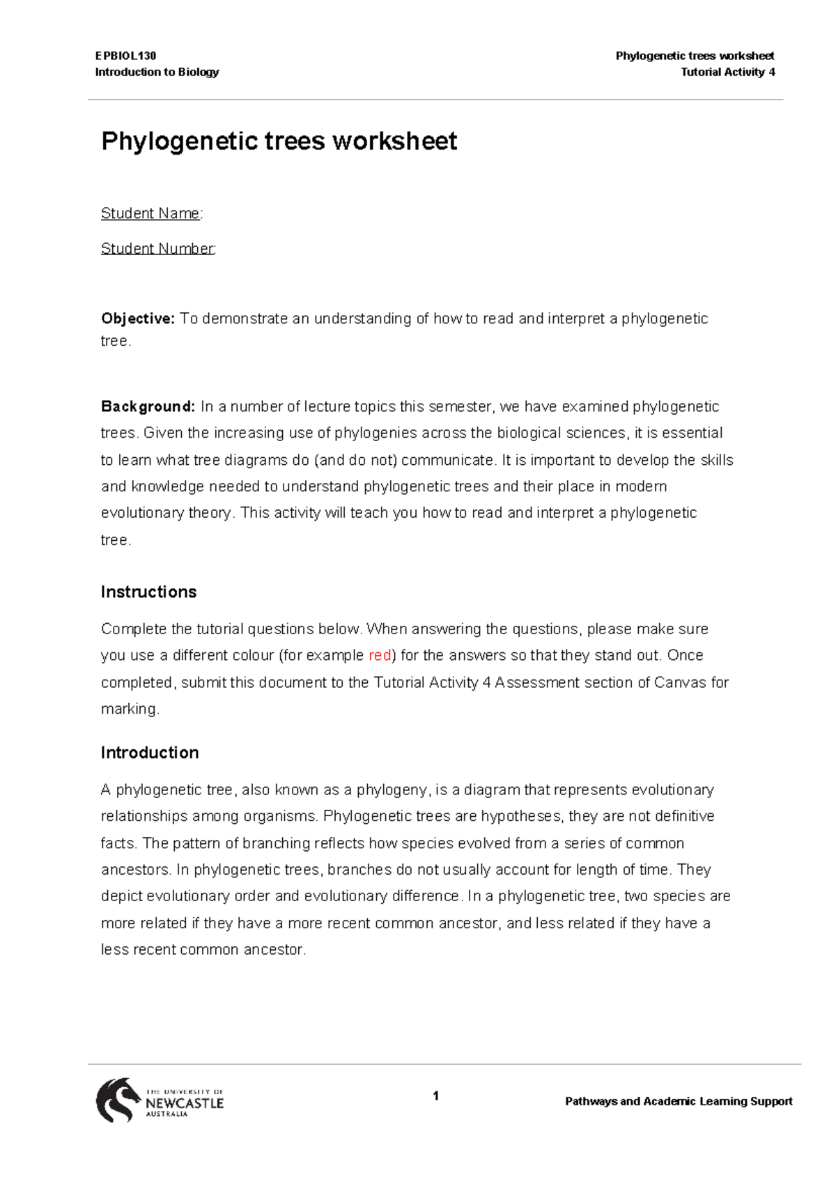 Tutorial Activity 4 - Phylogenetic trees worksheet - Introduction to Biology Tutorial Activity 4 ...