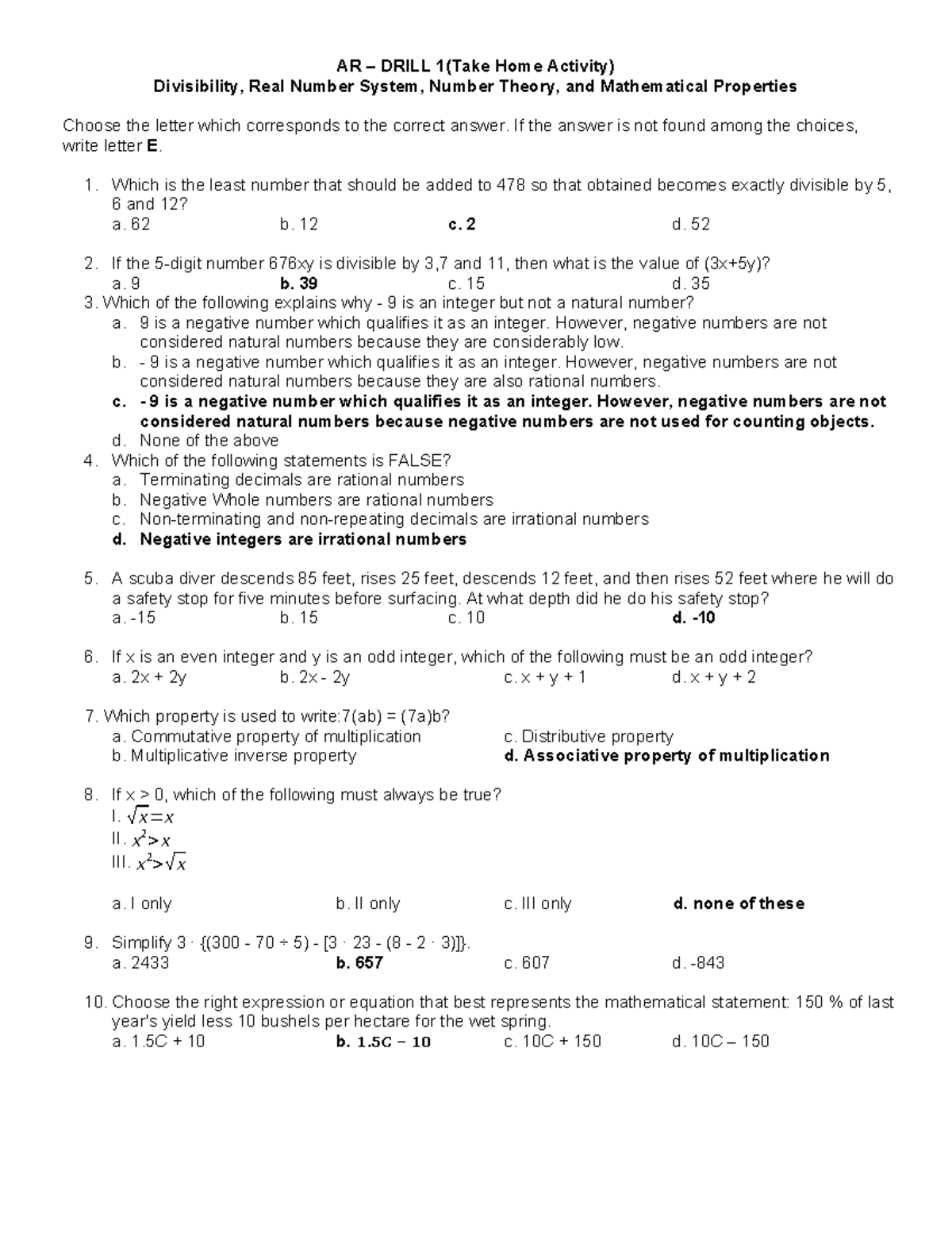 AR 1 TH - AR – DRILL 1(Take Home Activity) Divisibility, Real Number ...