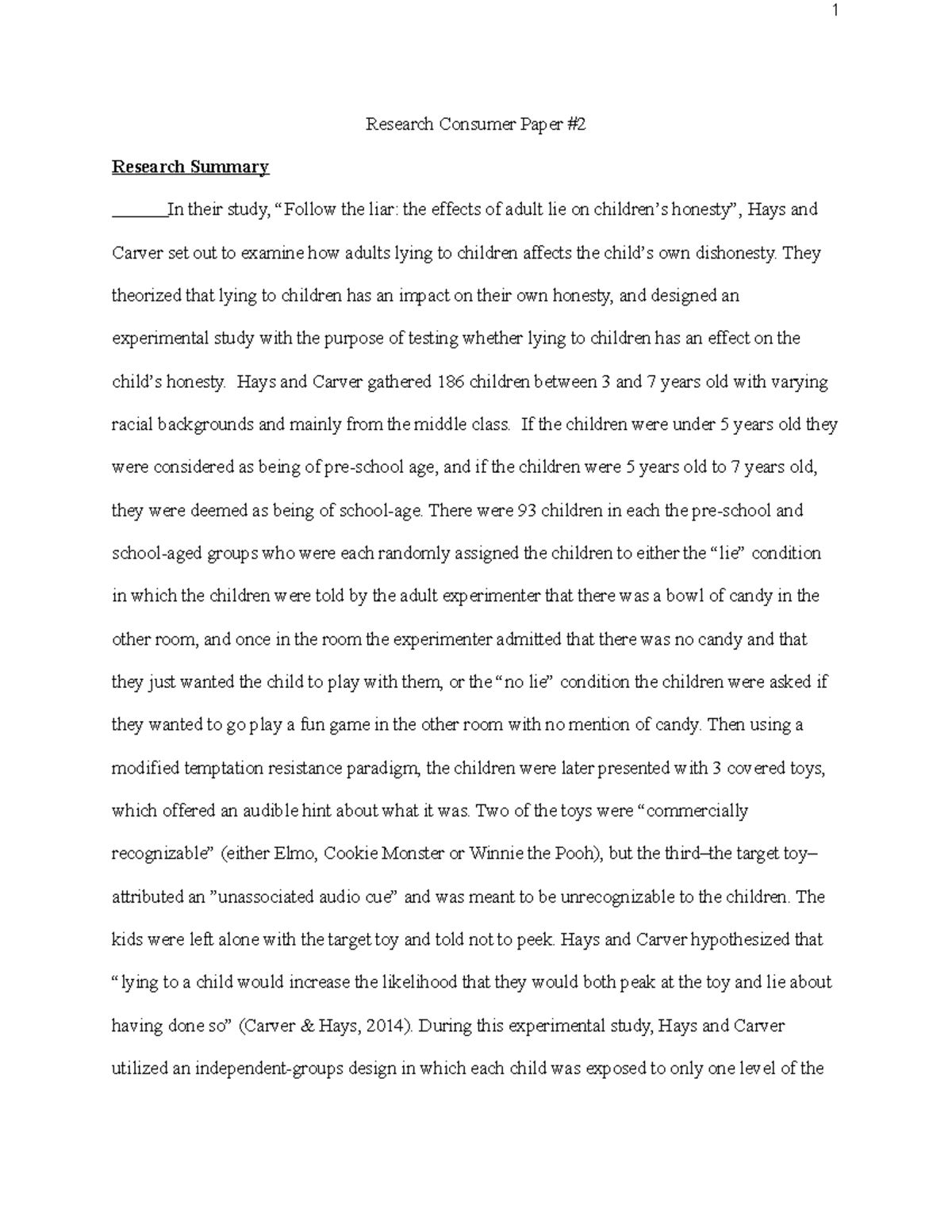 Research Consumer paper 2 - 1 Research Consumer Paper #2 Research ...