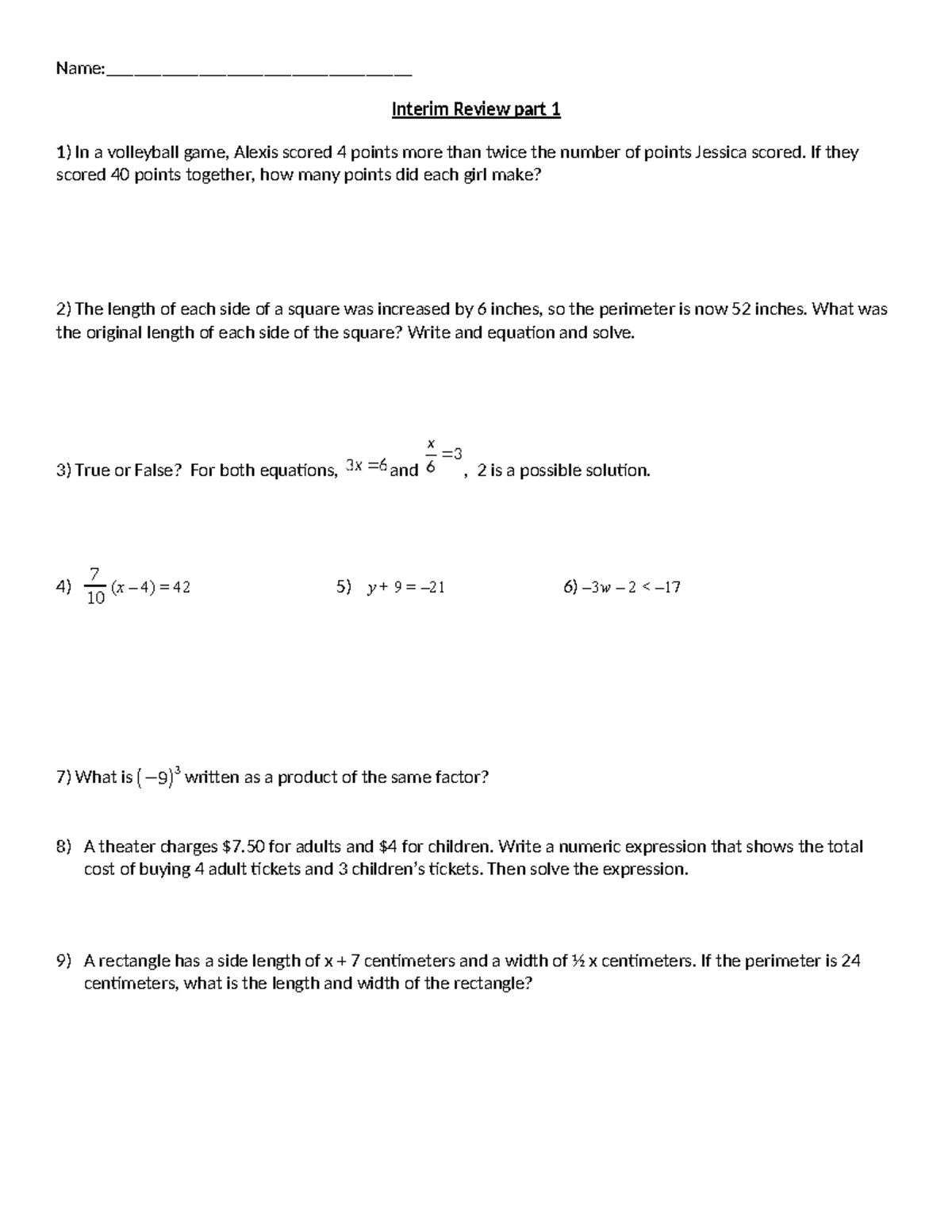 Interim Review - Math - Name:_________________________________ Interim ...