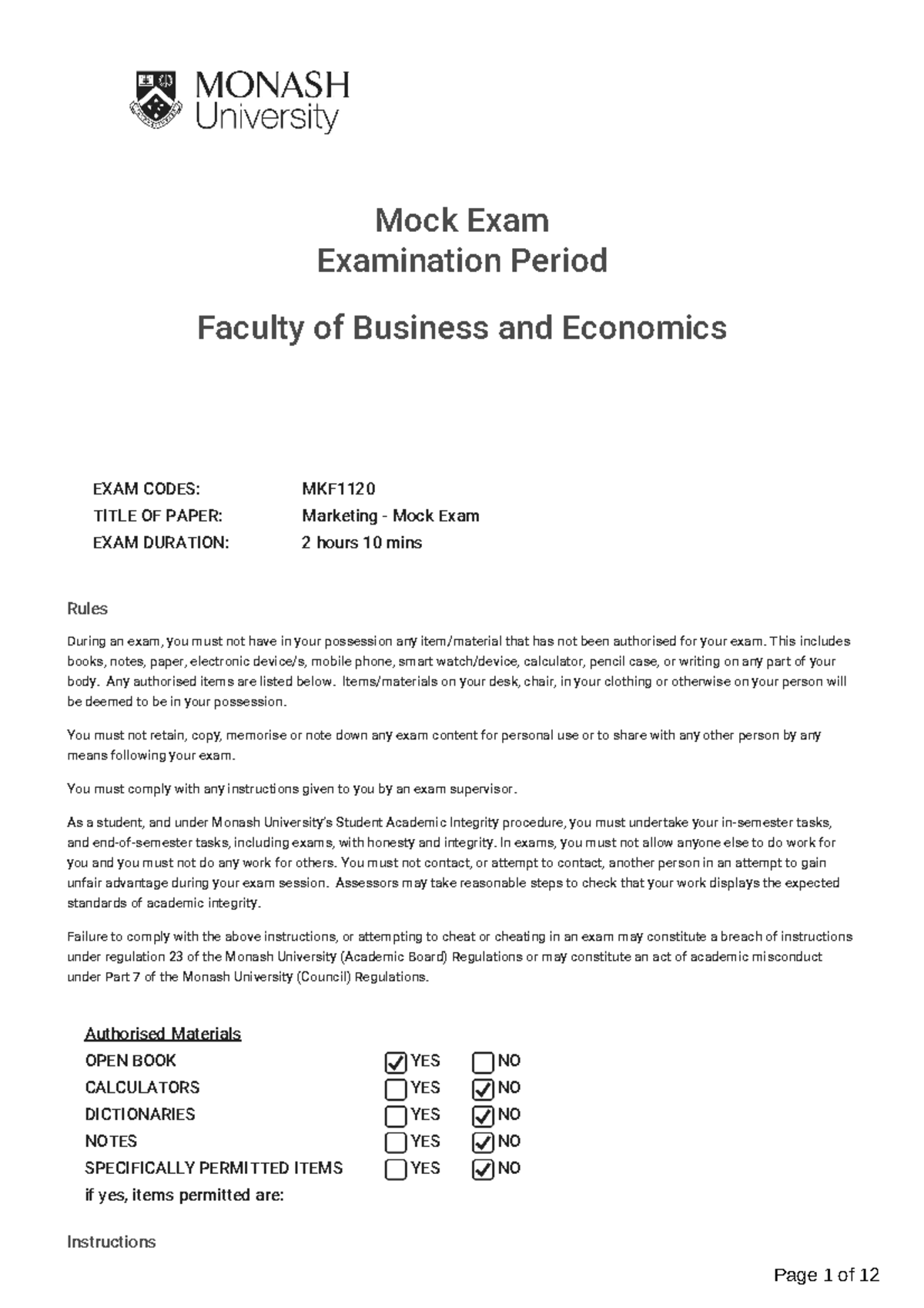 MKF1120 - Mock Exam 1 - practice exam - Mock Exam Examination Period ...
