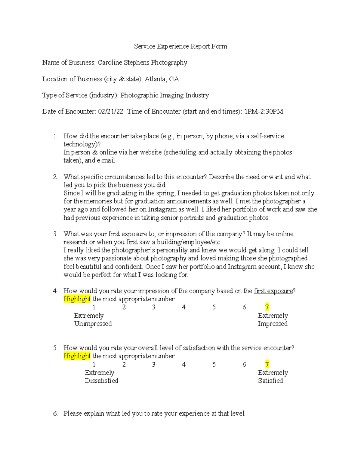 Service Experience Report Form 4 - Service Experience Report Form Name ...