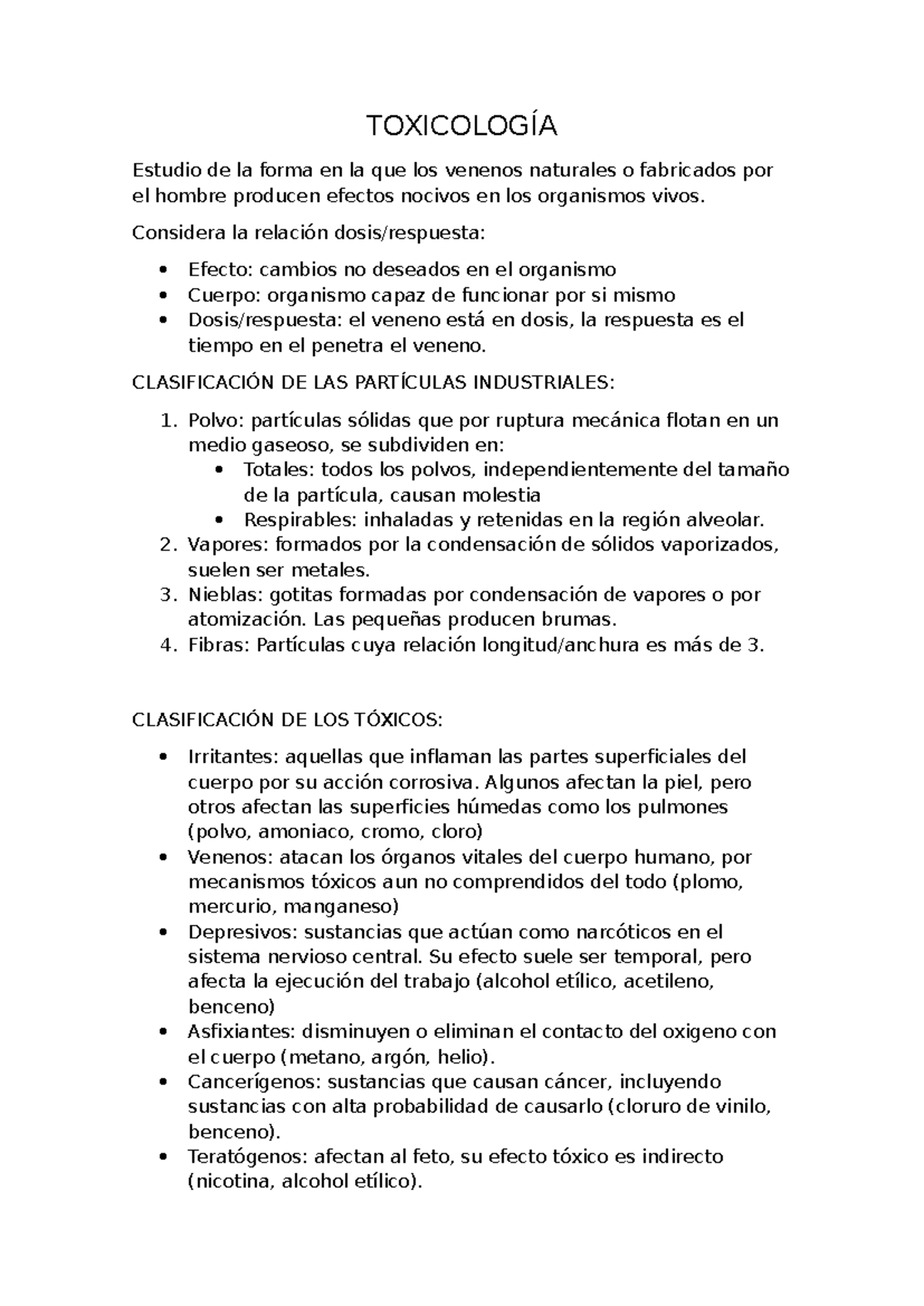 Toxicología - Resumen - TOXICOLOGÍA Estudio de la forma en la que los ...