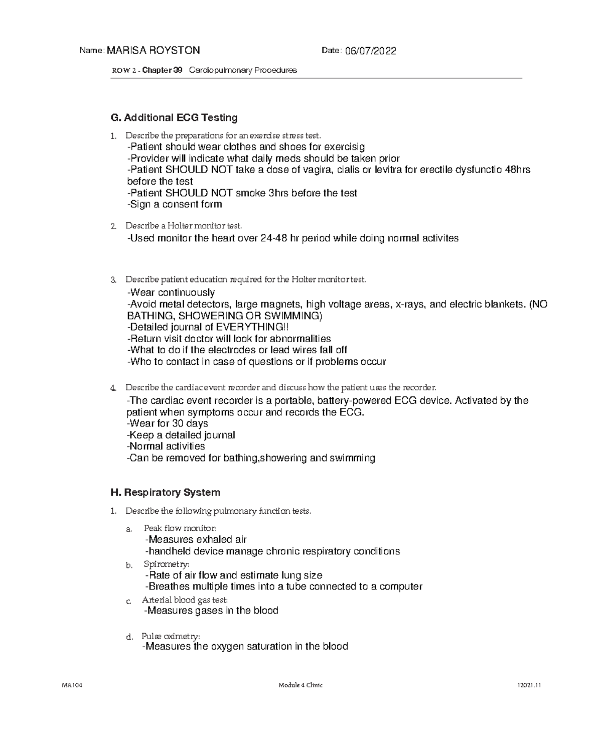 Finished MA104 ROW 2 Chapter 39-1 - ROW 2 - Chapter 39 Cardiopulmonary ...