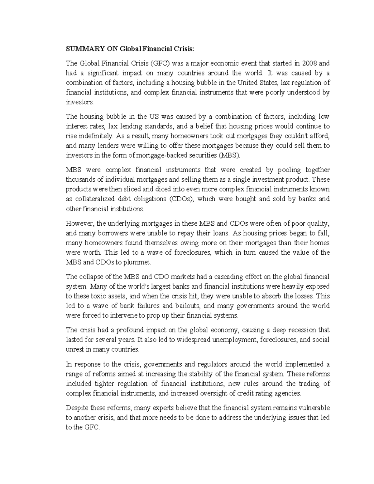 Summary on Global Financial Crisis - SUMMARY ON Global Financial Crisis ...