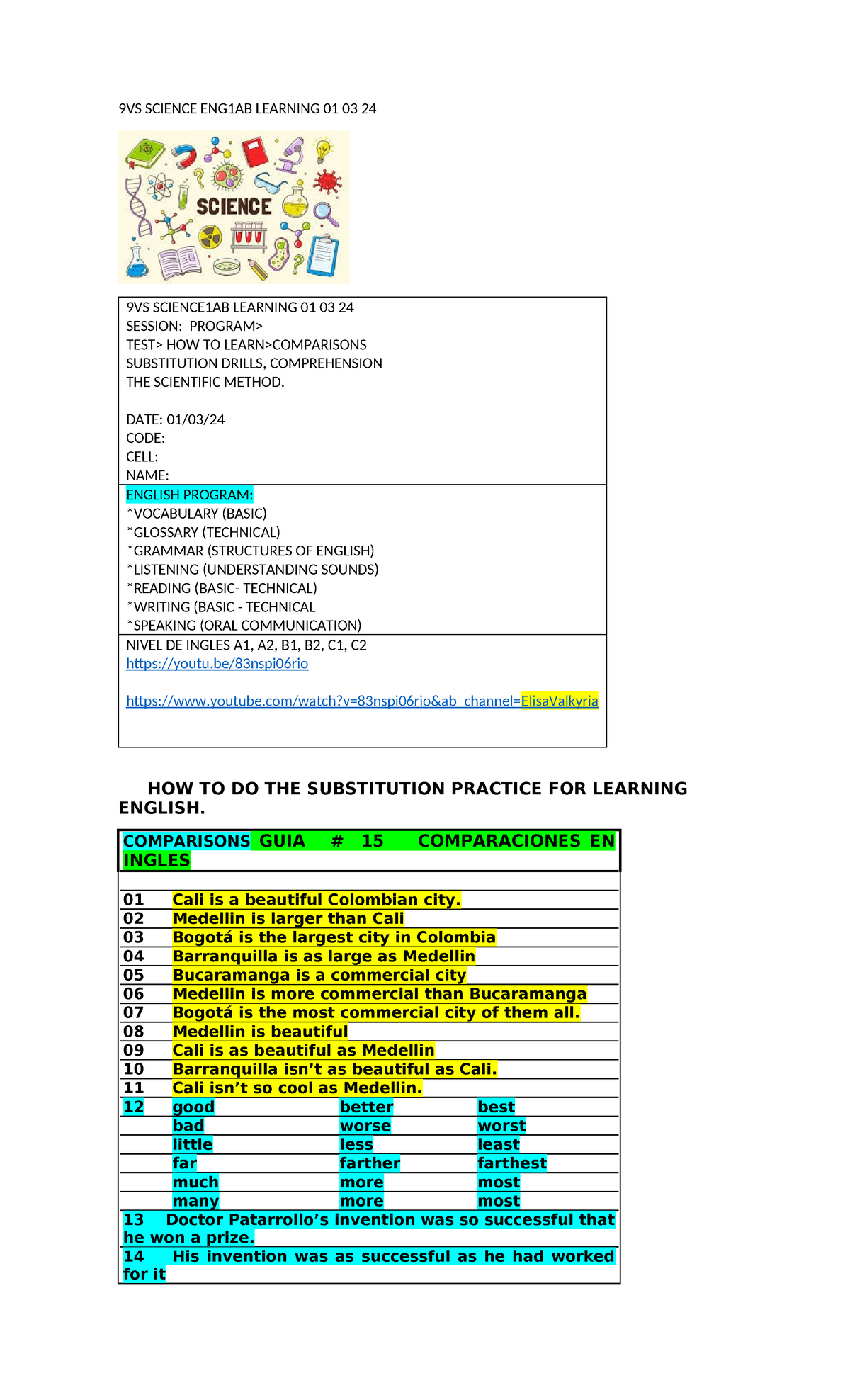 Guia 1 - guía de ingles actividad - 9VS SCIENCE ENG1AB LEARNING 01 03 ...