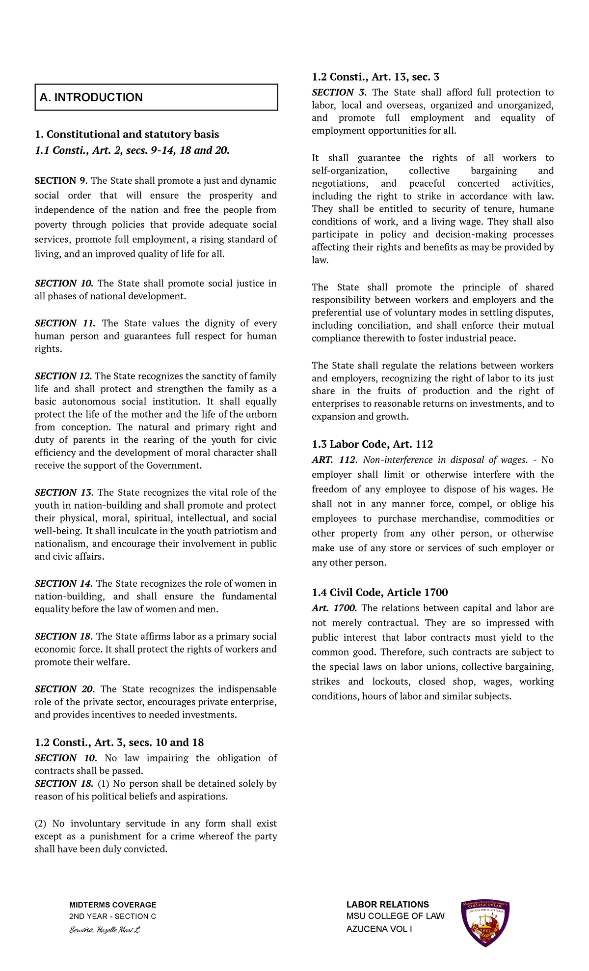 Labor Relations - A. INTRODUCTION 1. Constitutional and statutory basis 1 Consti., Art. 2, secs ...