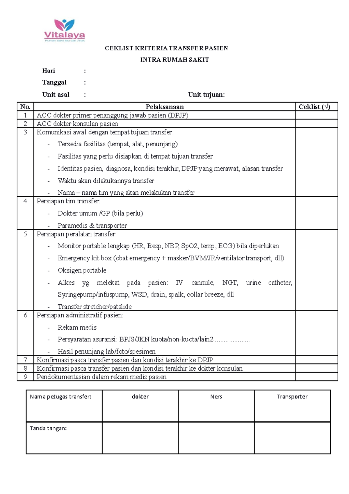 Ceklist Kriteria Transfer Pasien - CEKLIST KRITERIA TRANSFER PASIEN ...