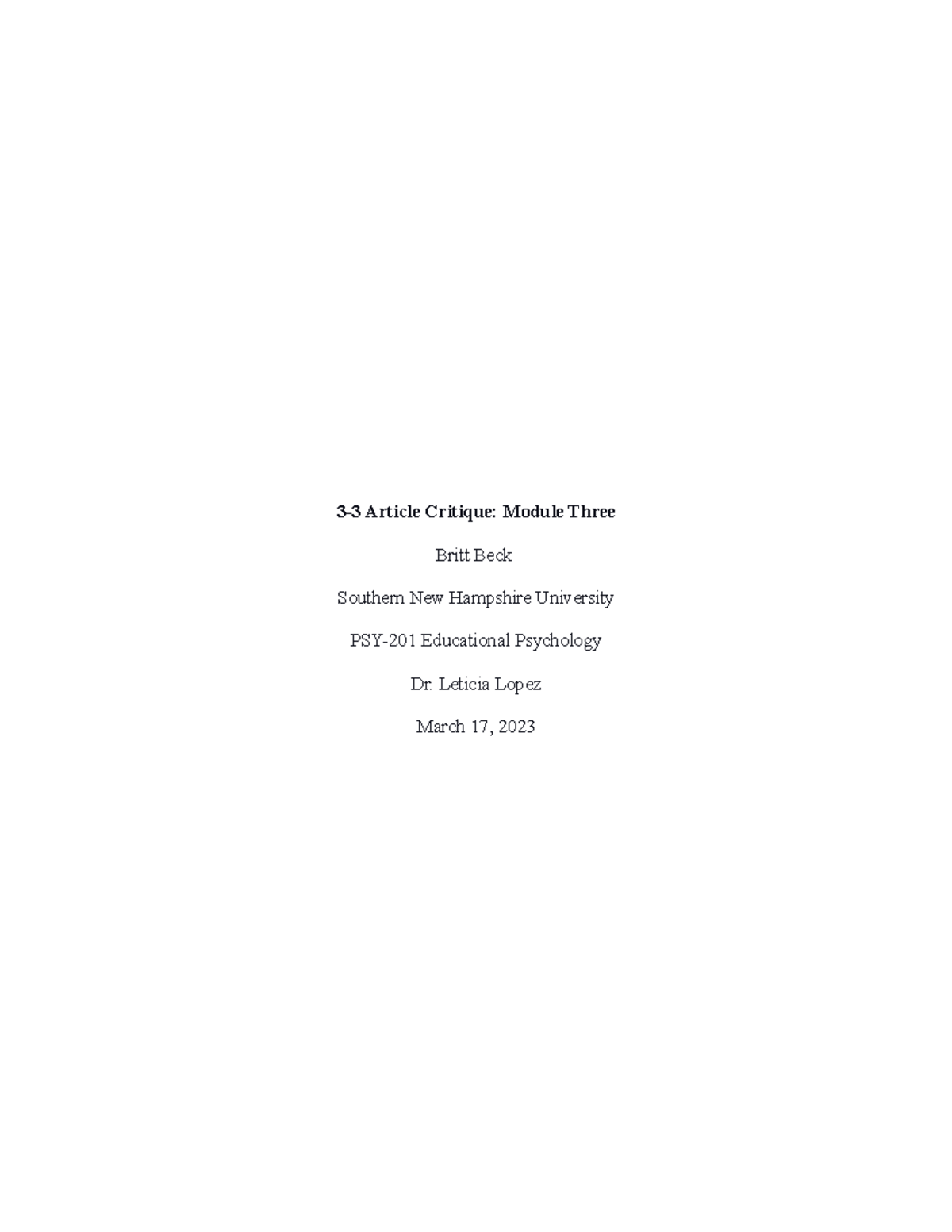 PSY 201 3-3 Article Critique - Module 3 - 3-3 Article Critique: Module ...