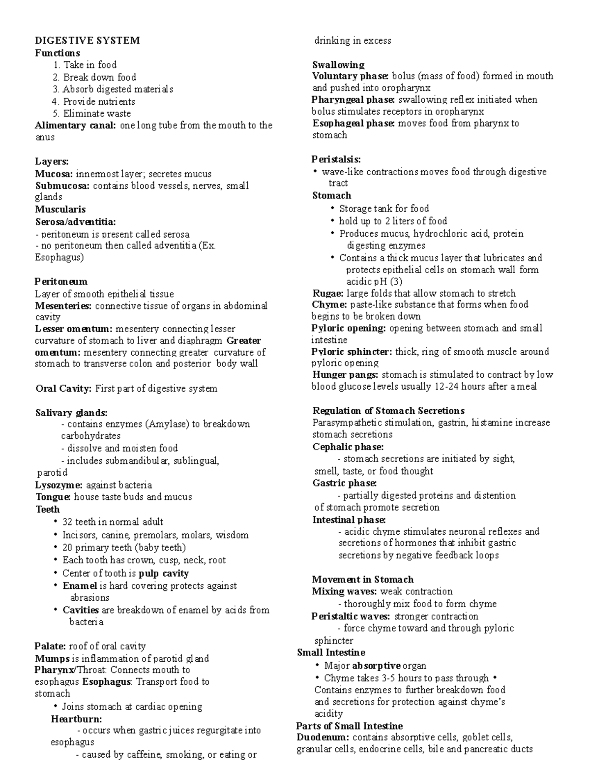Digestive- System - Notes - DIGESTIVE SYSTEM Functions 1. Take in food ...
