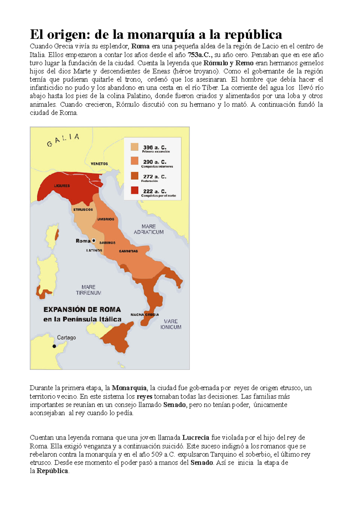 ROMA - Resumen tema Roma - El origen: de la monarquía a la república ...