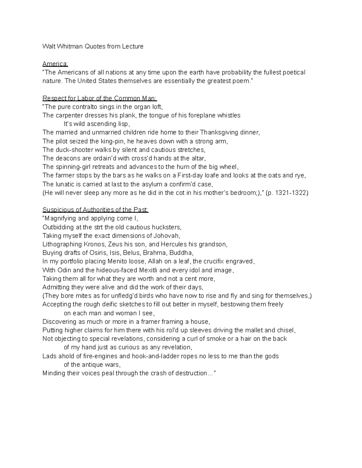 Walt Whitman Quotes from Lecture - Walt Whitman Quotes from Lecture ...