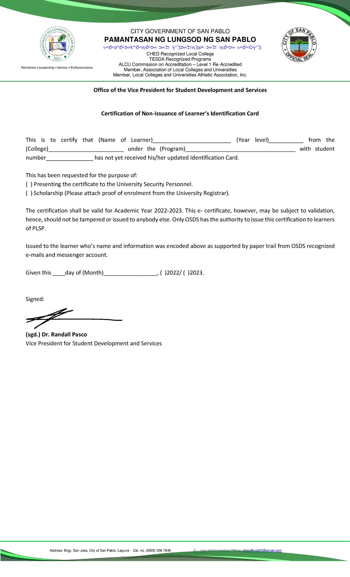 Certificate Of Non Issuance Of ID Address Brgy San Jose City Of