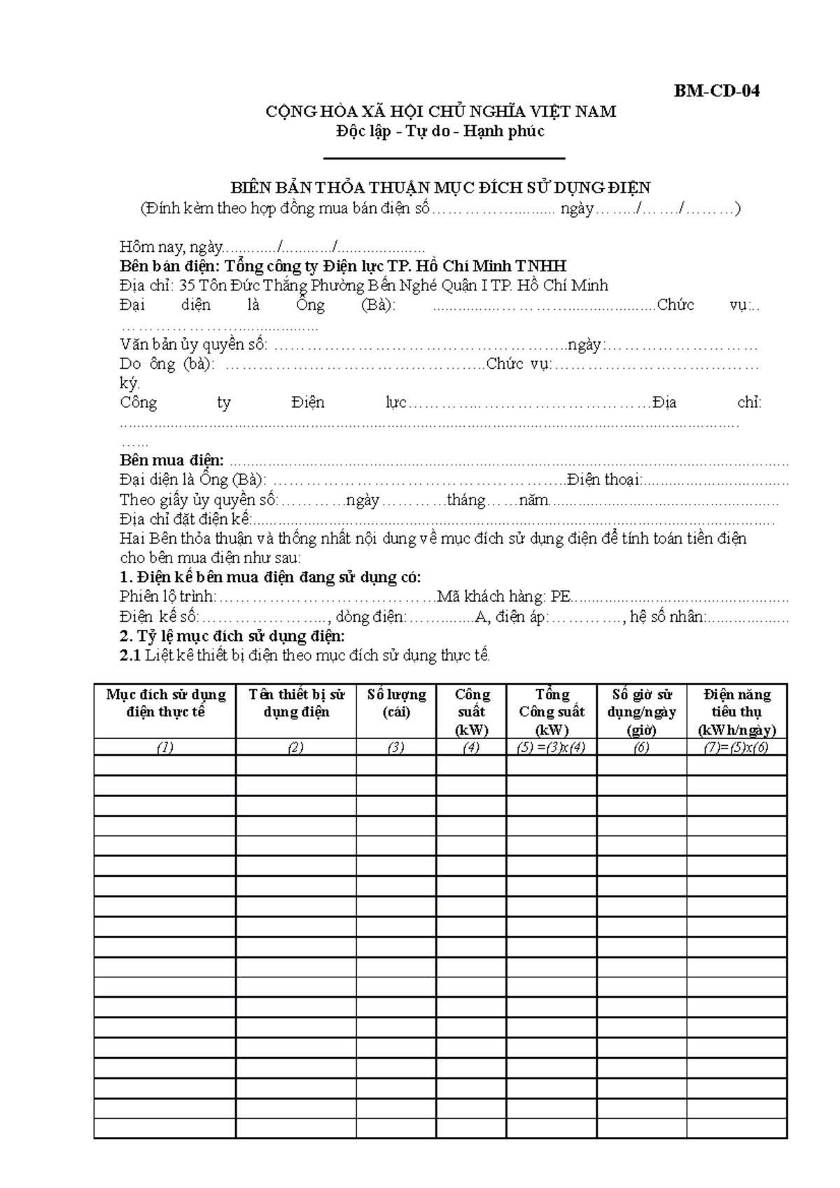 BM CD 04 Bien ban thoa thuan muc dich su dung dien - BM-CD- CỘNG HÒA XÃ ...