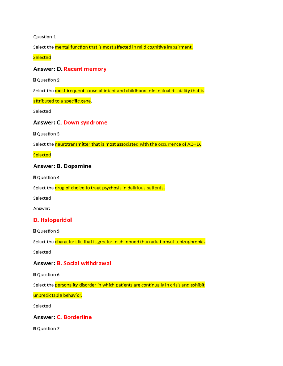 NRNP 6635 Final EXAM.docx - Question 1 Select the mental function that ...