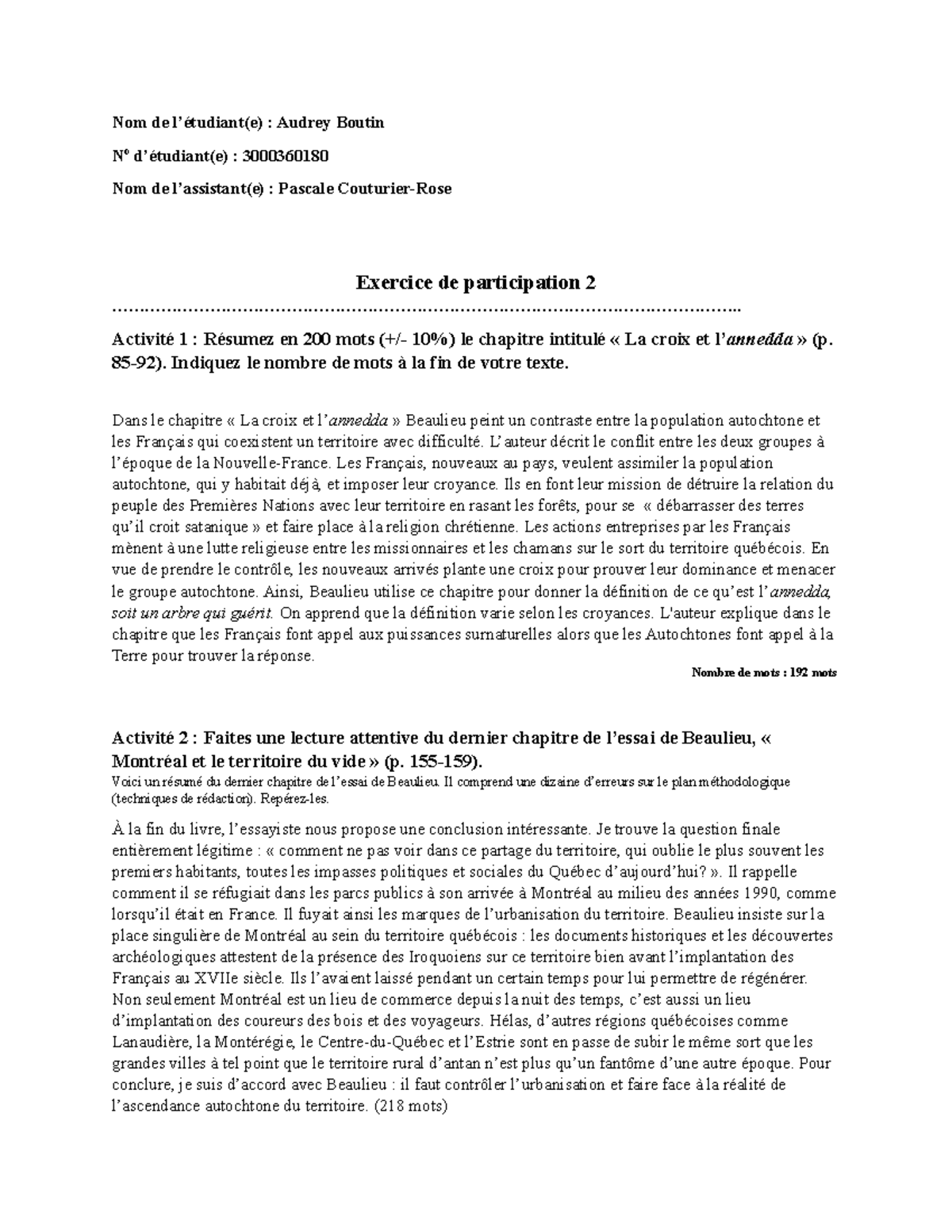 Travail De Participation 2 - Nom de l’étudiant(e) : Audrey Boutin No d ...