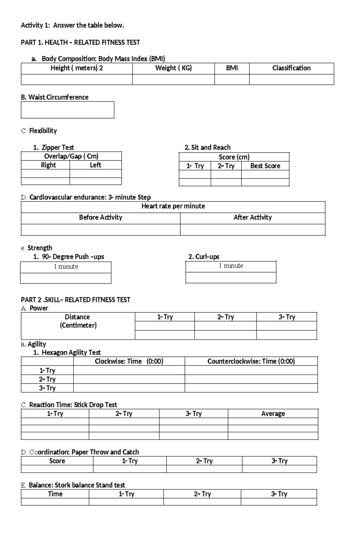 Physical Fitness Ttest - Activity 1: Answer the table below. PART 1 ...