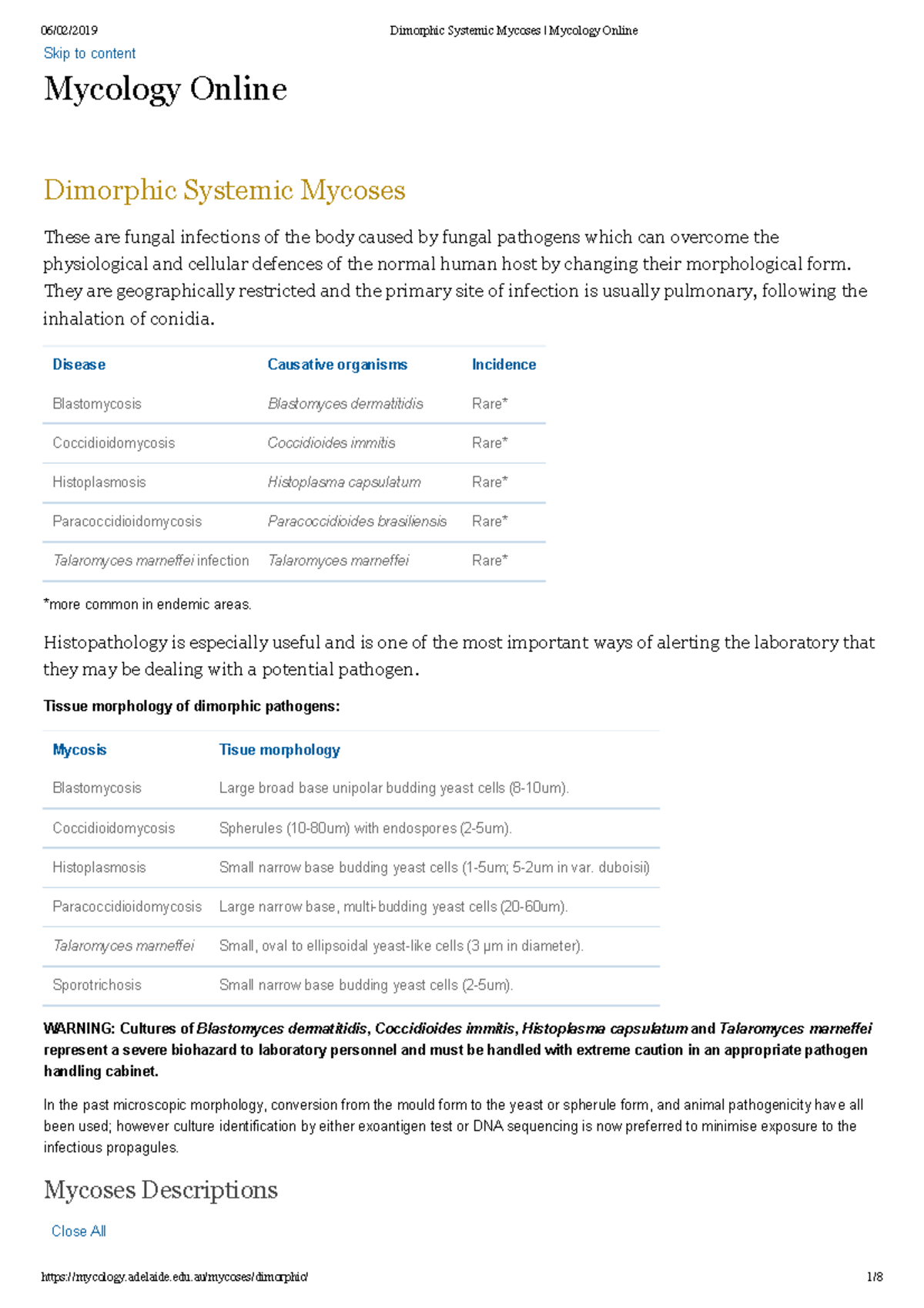 Dimorphic Systemic Mycoses Mycology Online - Mycology Online Skip to ...