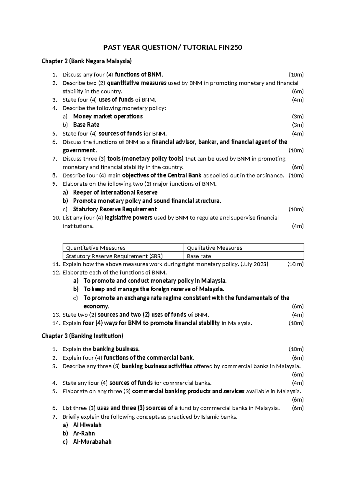 PAST YEAR Question - Lajar - PAST YEAR QUESTION/ TUTORIAL FIN Chapter 2 (Bank Negara Malaysia) 1 ...