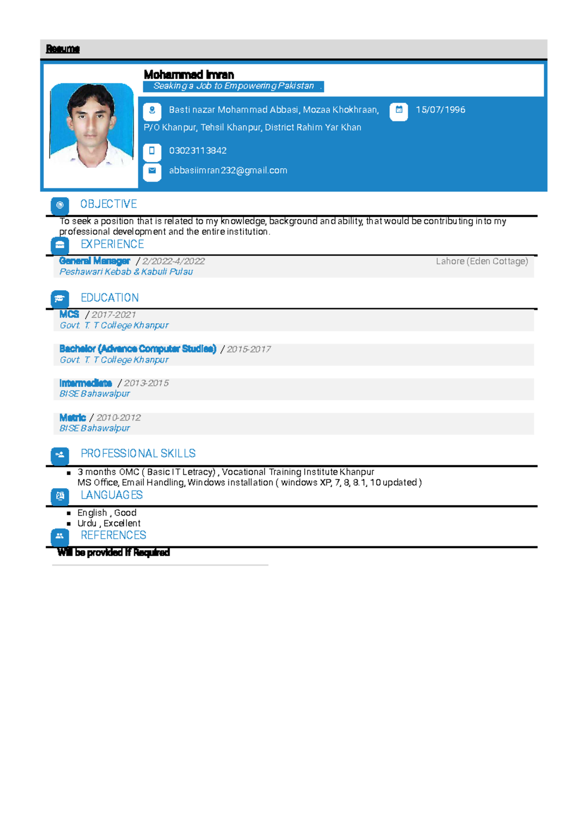 Imran cv 1 - this is my personal documentation - Resume Mohammad Imran Seaking a Job to ...
