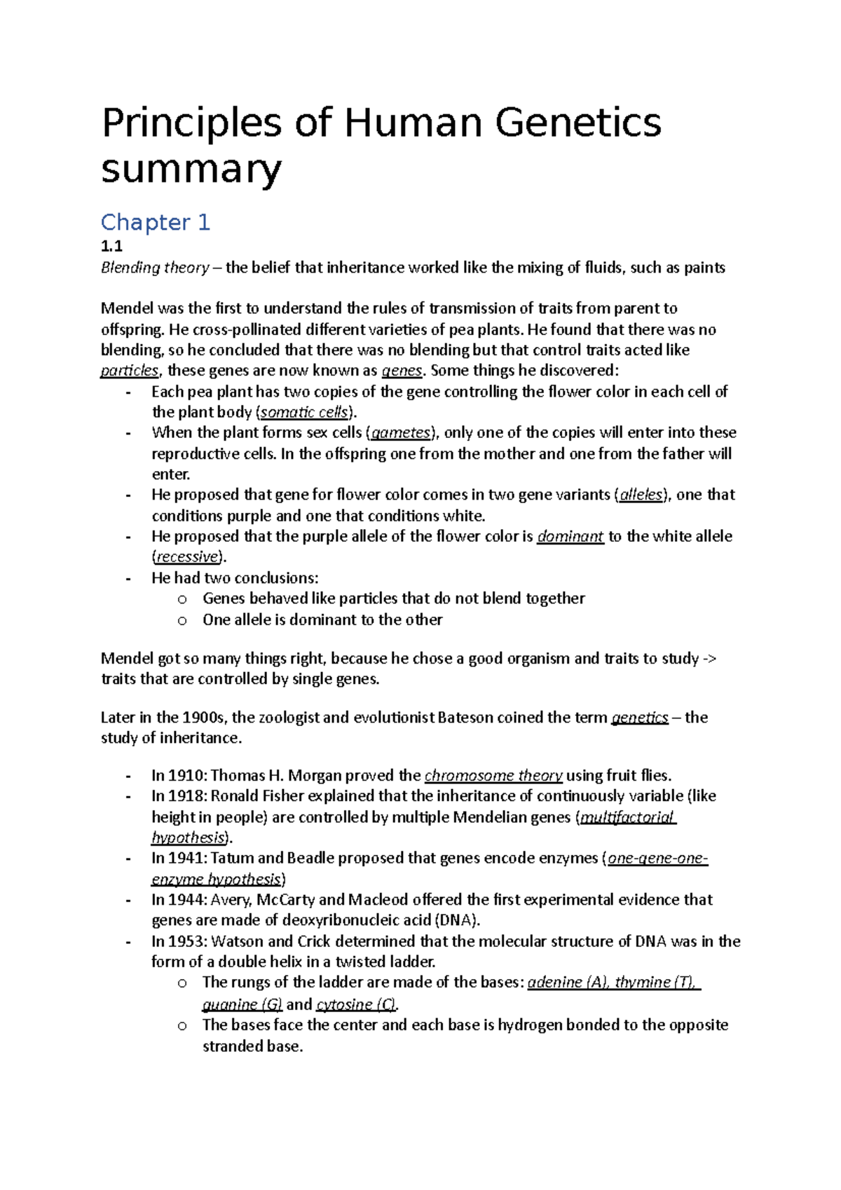 Principles of Human Genetics summary 2020/2021 - Principles of Human ...