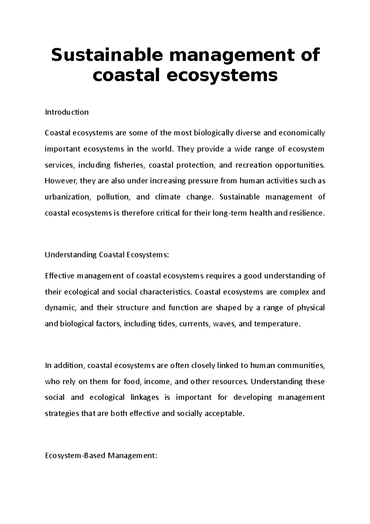 Sustainable management of coastal ecosystems - Sustainable management ...