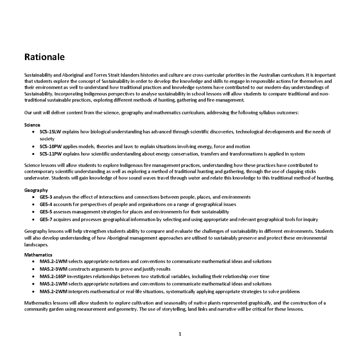 ABOR3500 unit plan example 2 - Rationale Sustainability and Aboriginal ...