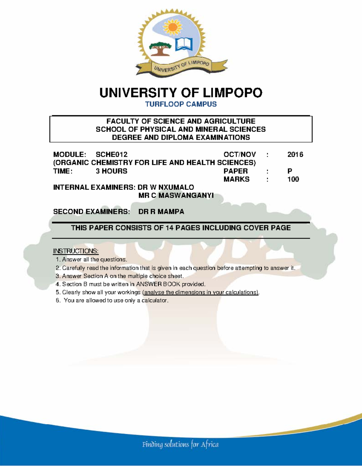 SCHE012 MAIN EXAM 2016 - UNIVERSITY OF LIMPOPO TURFLOOP CAMPUS FACULTY ...