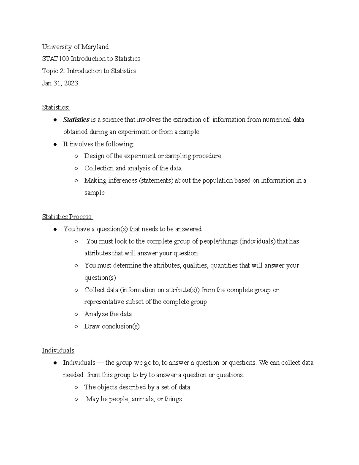 Topic 2 Intro to Statistics - University of Maryland STAT100 ...