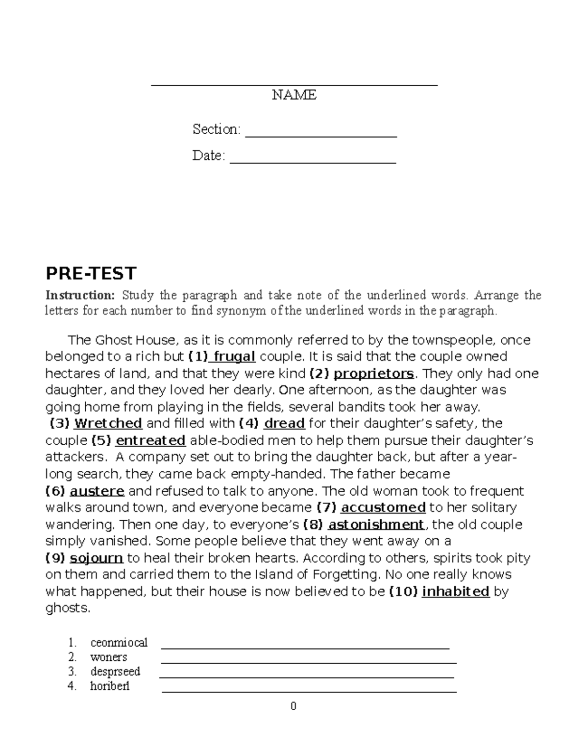UNIT TEST Sample - ______________________________________ NAME Section