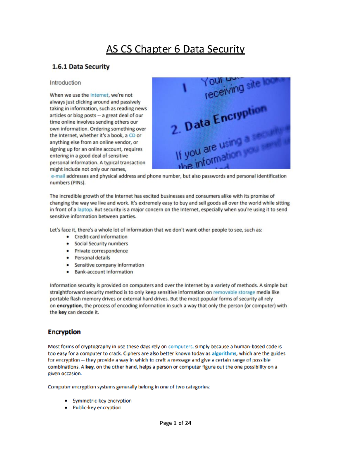 AS CS Chapter 6 Data Security-1 - AS Computer Science - AS CS Chapter 6 ...