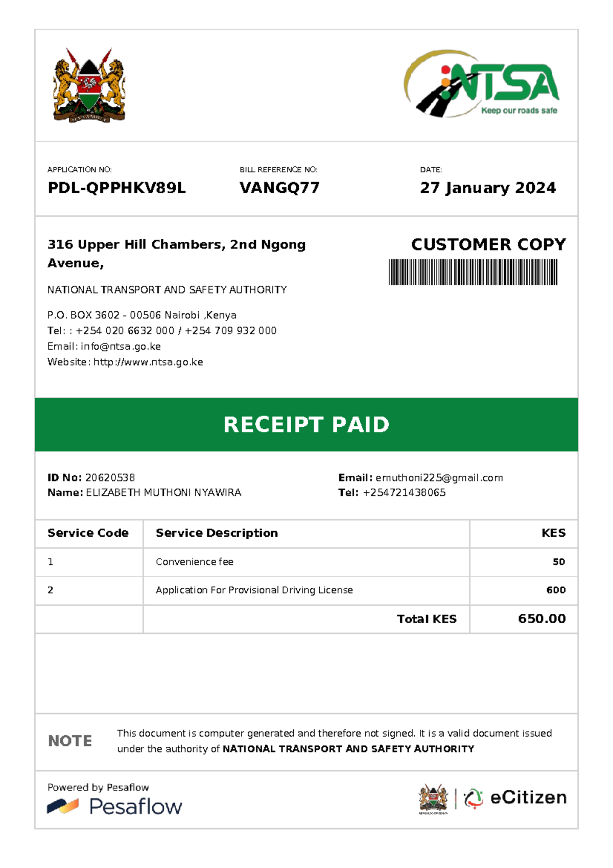 PDL- Qpphkv 89L- Receipt - APPLICATION NO: PDL-QPPHKV89L BILL REFERENCE ...