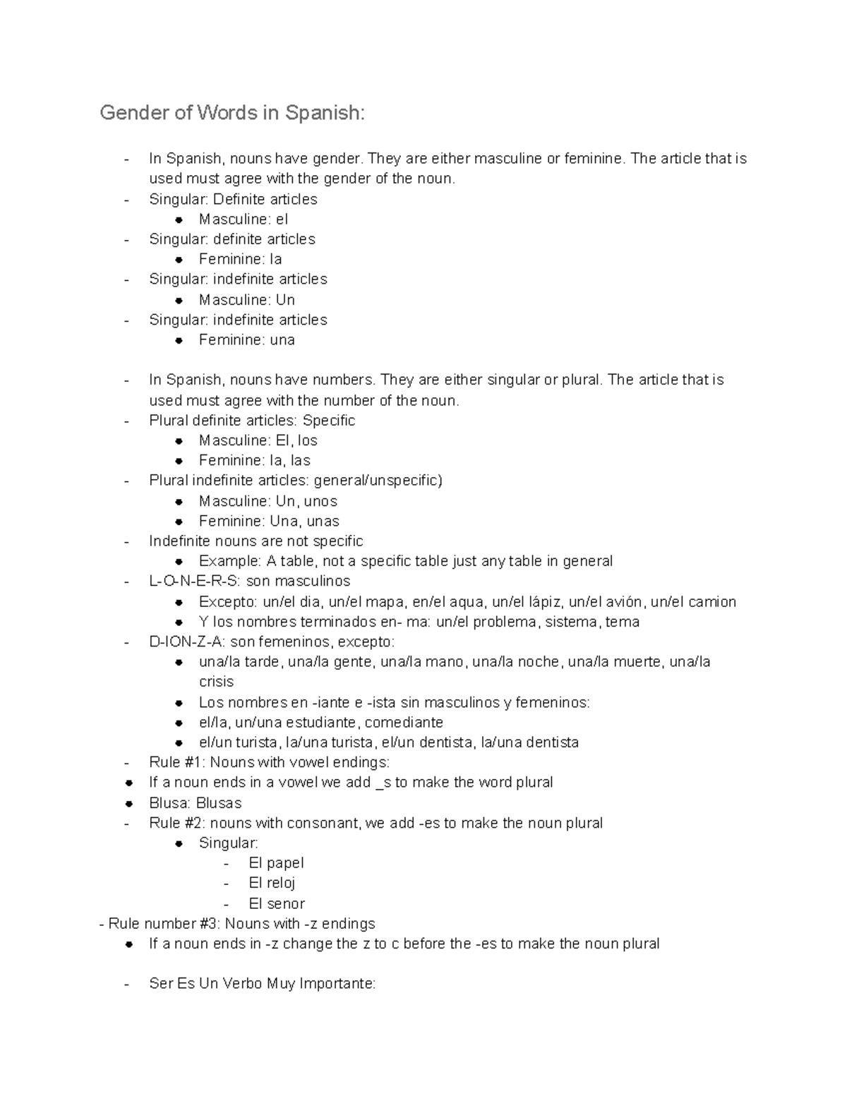 Spanish Notes Practice - Gender of Words in Spanish: In Spanish, nouns ...