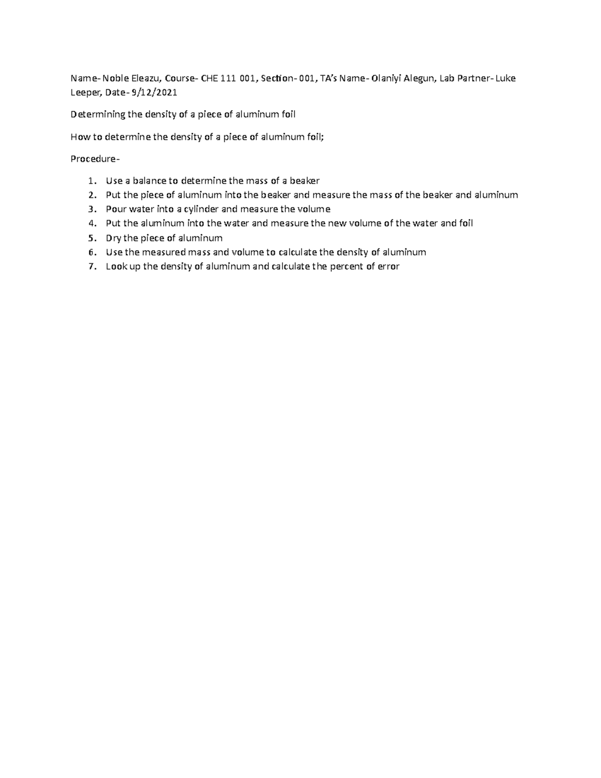 Experiment 3.1 Doc - Name- Noble Eleazu, Course- CHE 111 001, Section ...