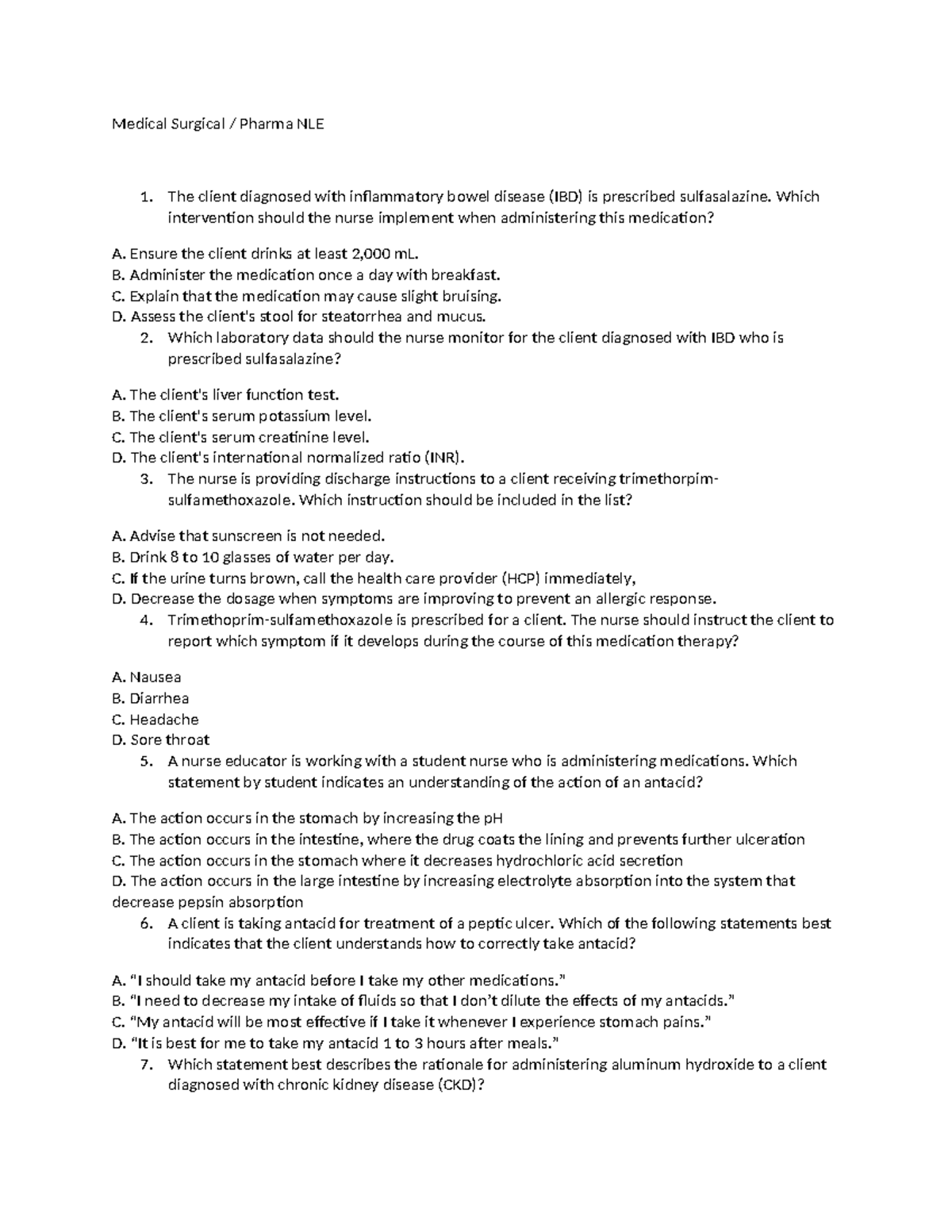 Pharma 1 nov 2024 - test - Medical Surgical / Pharma NLE 1. The client ...