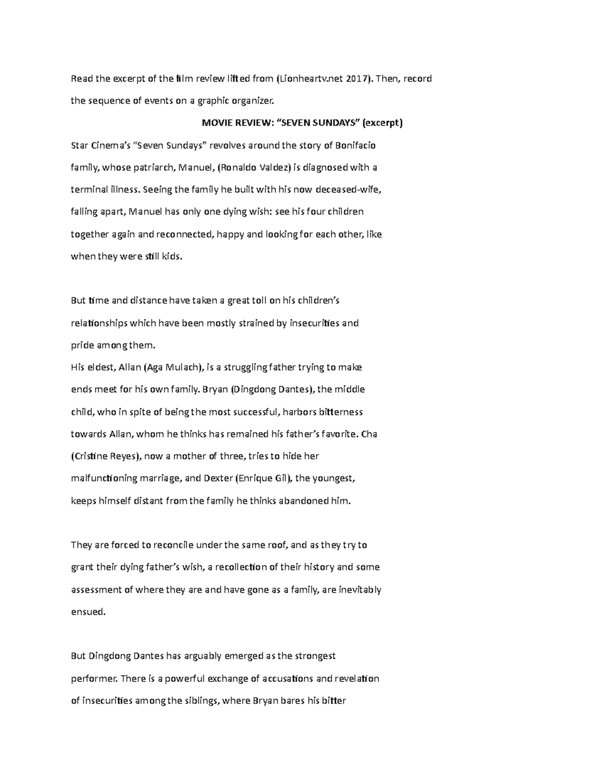 Pattern of written text activity - Read the excerpt of the film review ...