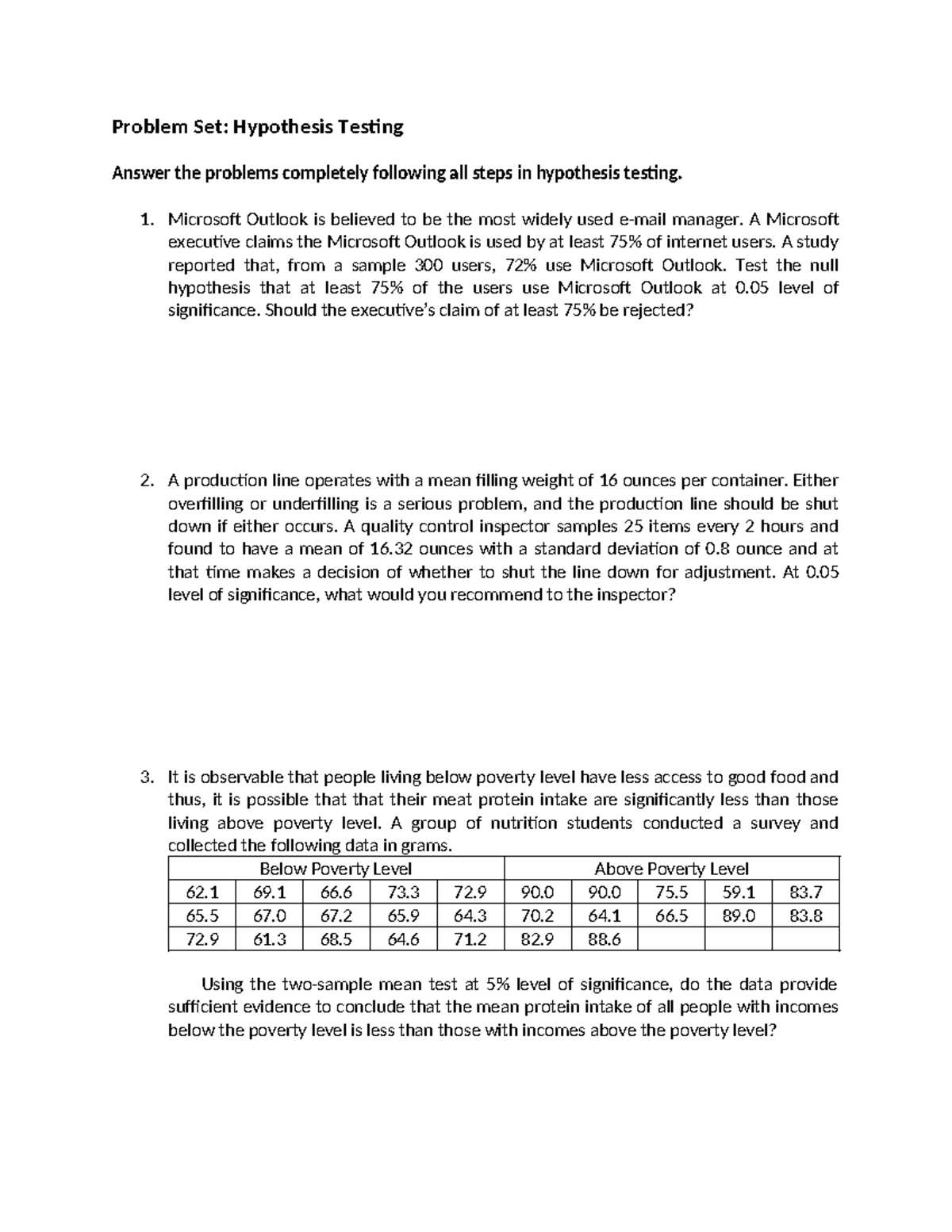 Assignment Hypothesi Testing - Problem Set: Hypothesis Testing Answer ...